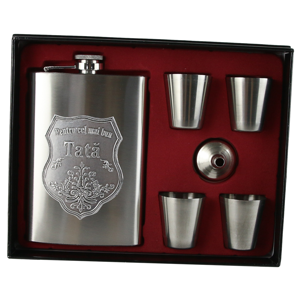 Set plosca cu palnie si 4 pahare din inox, "Pentru cel mai bun Tata ...