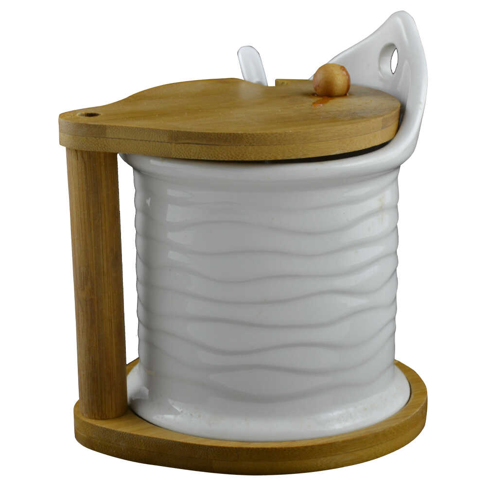 Recipient condimente din ceramica, cu suport bambus, 14 CM - Hontfar