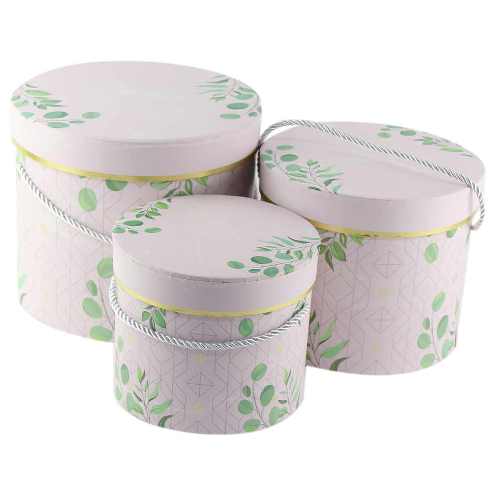 Set 3 cutii cadou rotunde cu capac si snur 22 CM, Roz - Hontfar