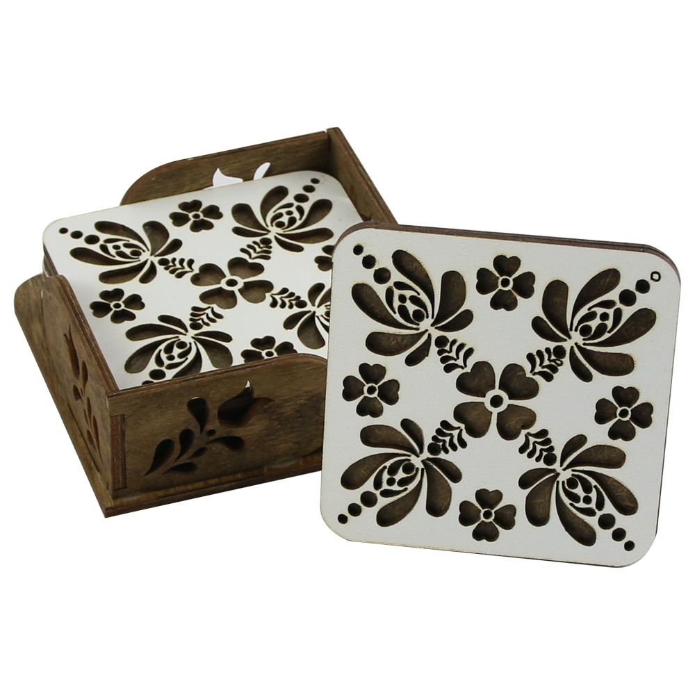 Set 6 suporturi pahare traforaj, 9x9 CM, cu suport, Cu flori - Hontfar