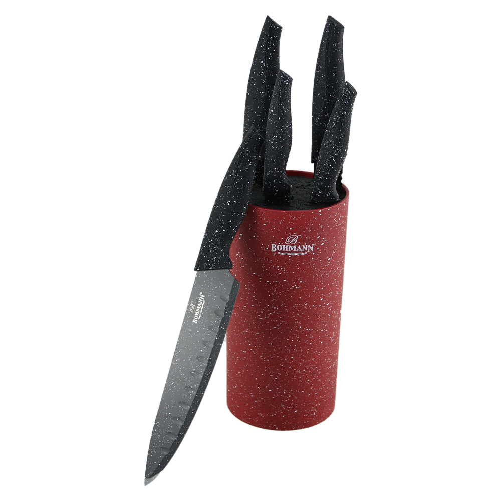 Set 5 cutite de bucatarie cu suport, Bohmann, lame marmorate - Hontfar