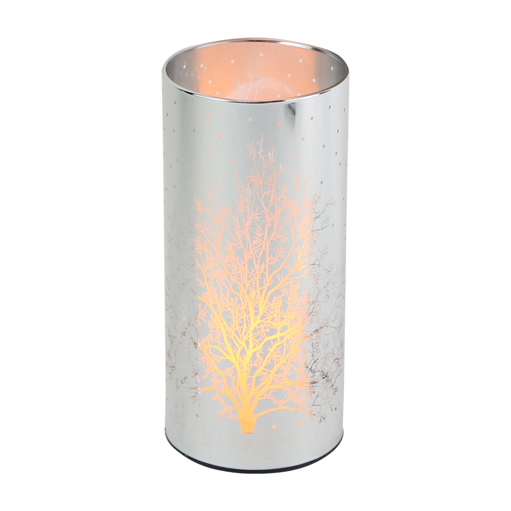 Lampa cilindrica din sticla cu lumini led 7x10 CM, Copac, argintiu ...
