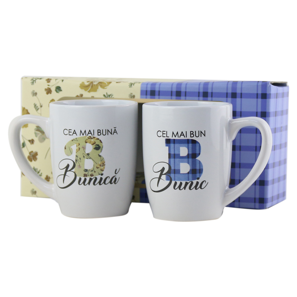 Set 2 cani din ceramica "Bunic/Bunica, 300 ml, in cutie cadou - Hontfar
