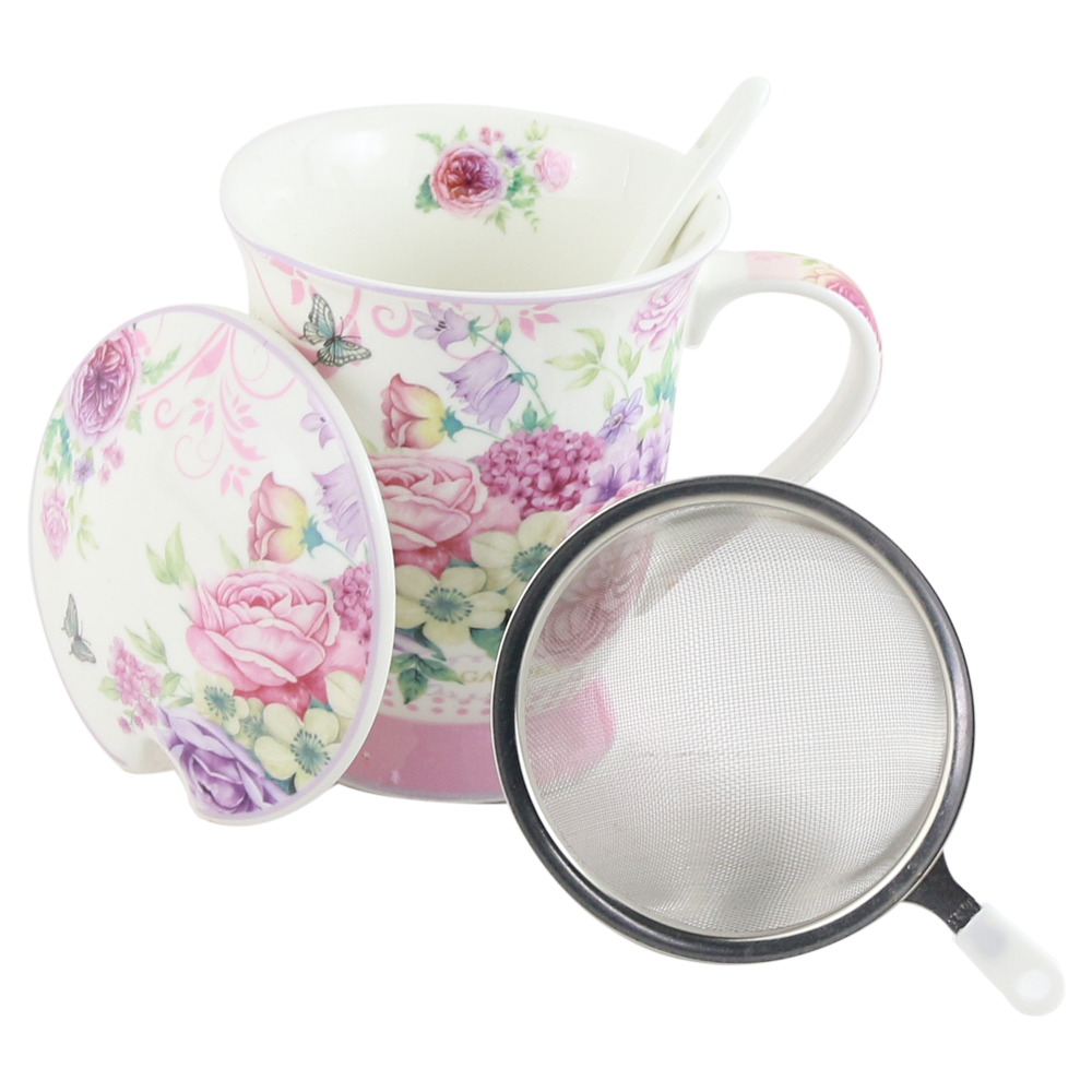 Cana ceramica cu infuzor metalic, capac si lingurita 300 ml, Flori colorate - Hontfar