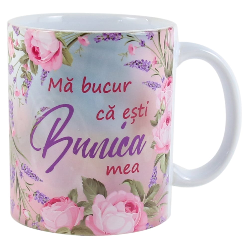 Cana ceramica "Ma bucur ca esti Bunica mea", 330 ml, trandafiri ...