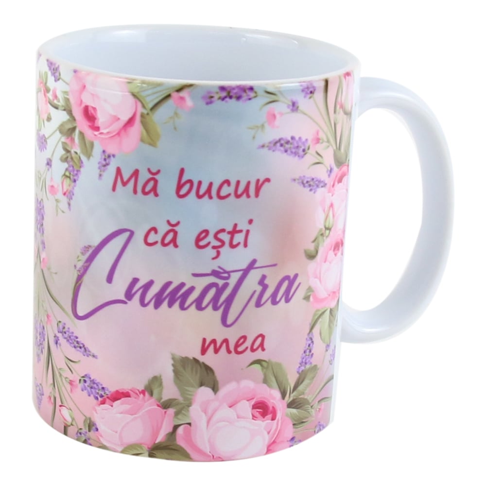 Cana ceramica "Ma bucur ca esti Cumatra mea", 330 ml, trandafiri ...
