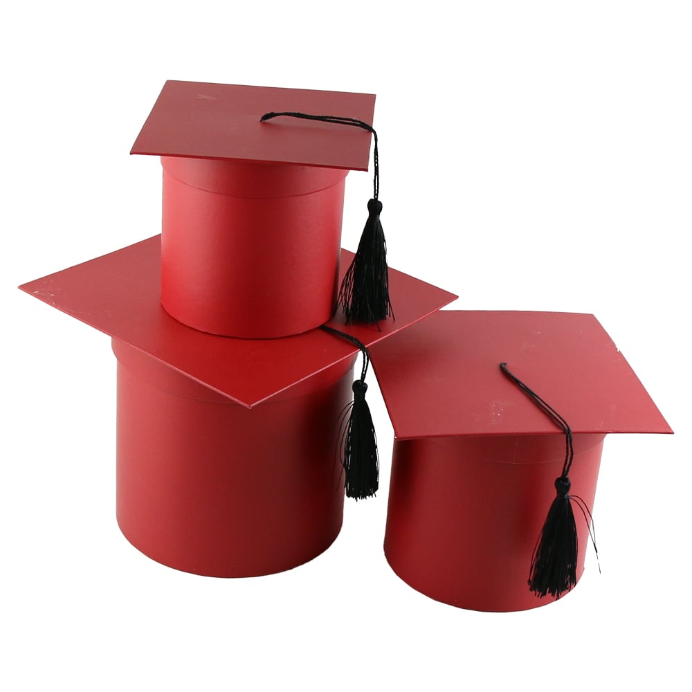 Set 3 cutii Palarie/Toca Absolvent 22x17 CM, Rosu - Hontfar