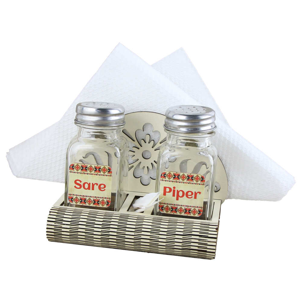 Set solnita si pipernita cu suport lemn "Sare/Piper" 12x9 CM, Garoafe ...