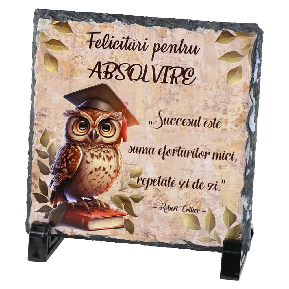 Placa ardezie "Felicitari pentru Absolvire" 14x14 CM, Bufnita - Hontfar