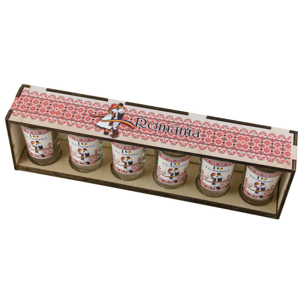 Set 6 pahare shot "Romania", cu suport lemn, traditional 29.5x8 CM ...