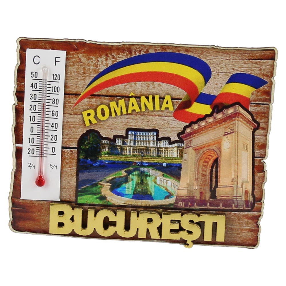 Magnet frigider din lemn "Bucuresti", 8.5x7 CM, cu termometru - Hontfar