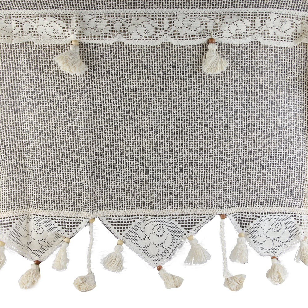 Perdea rustica din bumbac 140x180 CM, cu dantela trandafiri si margele ...