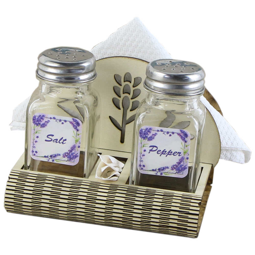 Set solnita si pipernita cu suport lemn "Sare/Piper" 11?9 CM, Lavanda ...