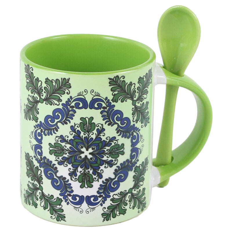 Cana ceramica cu lingurita, 330 ml, Verde, motive traditionale Corund ...